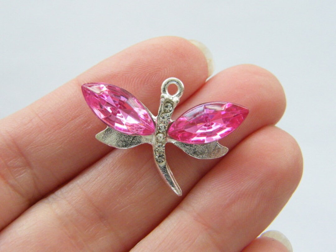 8 Fuchsia Pink Rhinestone Dragonfly Pendant Silver Plated A538 - Etsy
