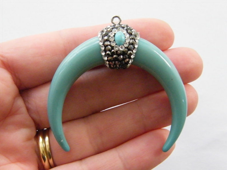 2 Crescent Moon Double Horn Rhinestone Charm Pendants Resin Blue Tone ...