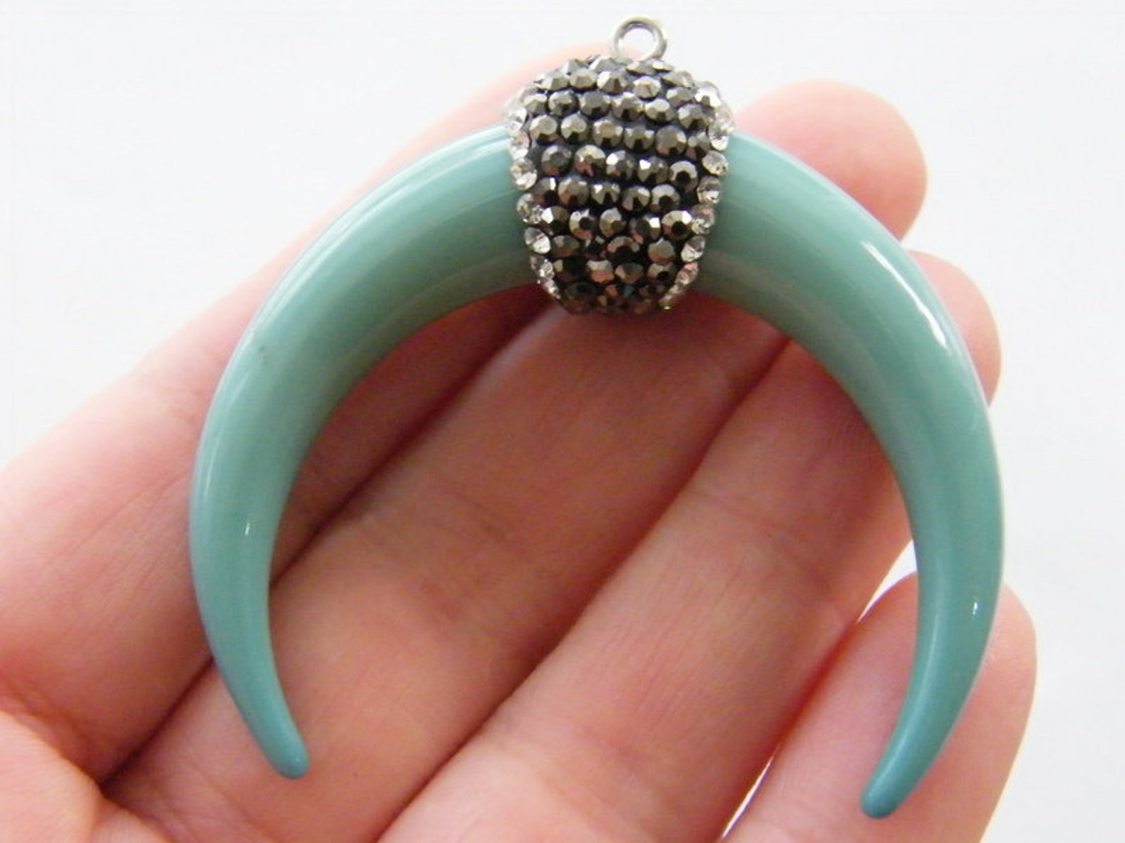 2 Crescent Moon Double Horn Rhinestone Charm Pendants Resin Blue Tone ...