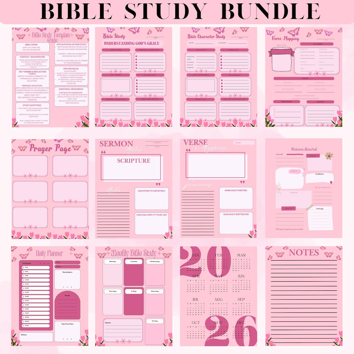 Pink Bible Study Bundle, Printable Bible Scriptures, Bible Study ...