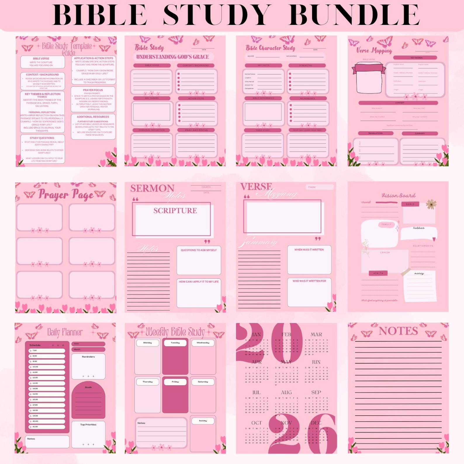 Pink Bible Study Bundle, Printable Bible Scriptures, Bible Study ...