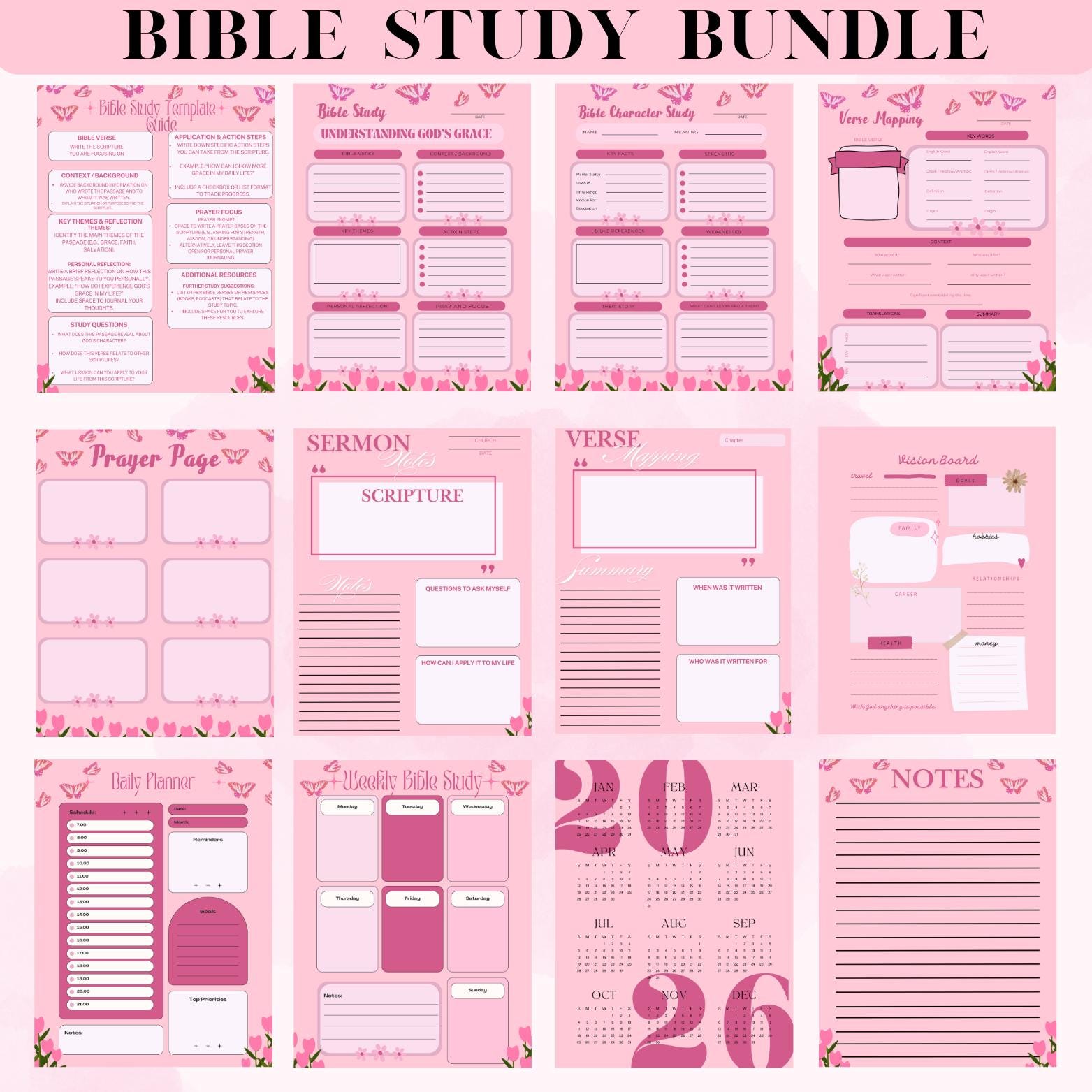 Pink Bible Study Bundle, Printable Bible Scriptures, Bible Study ...