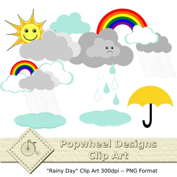 Items similar to Rainy Day -- Clouds Umbrellas Rainbows -- Digital Clip ...