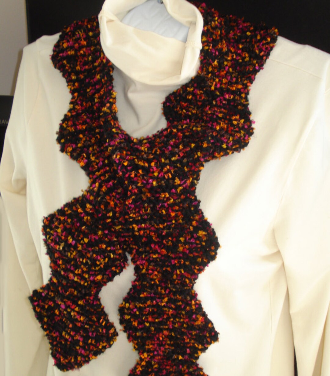 Geometric Hand Knit Scarf, Unusual Shape, Black With Bright ...