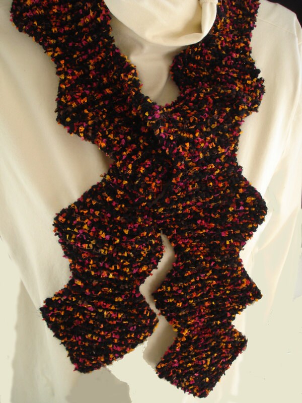 Geometric Hand Knit Scarf, Unusual Shape, Black With Bright ...
