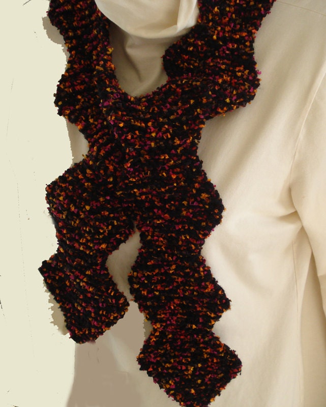 Geometric Hand Knit Scarf, Unusual Shape, Black With Bright ...