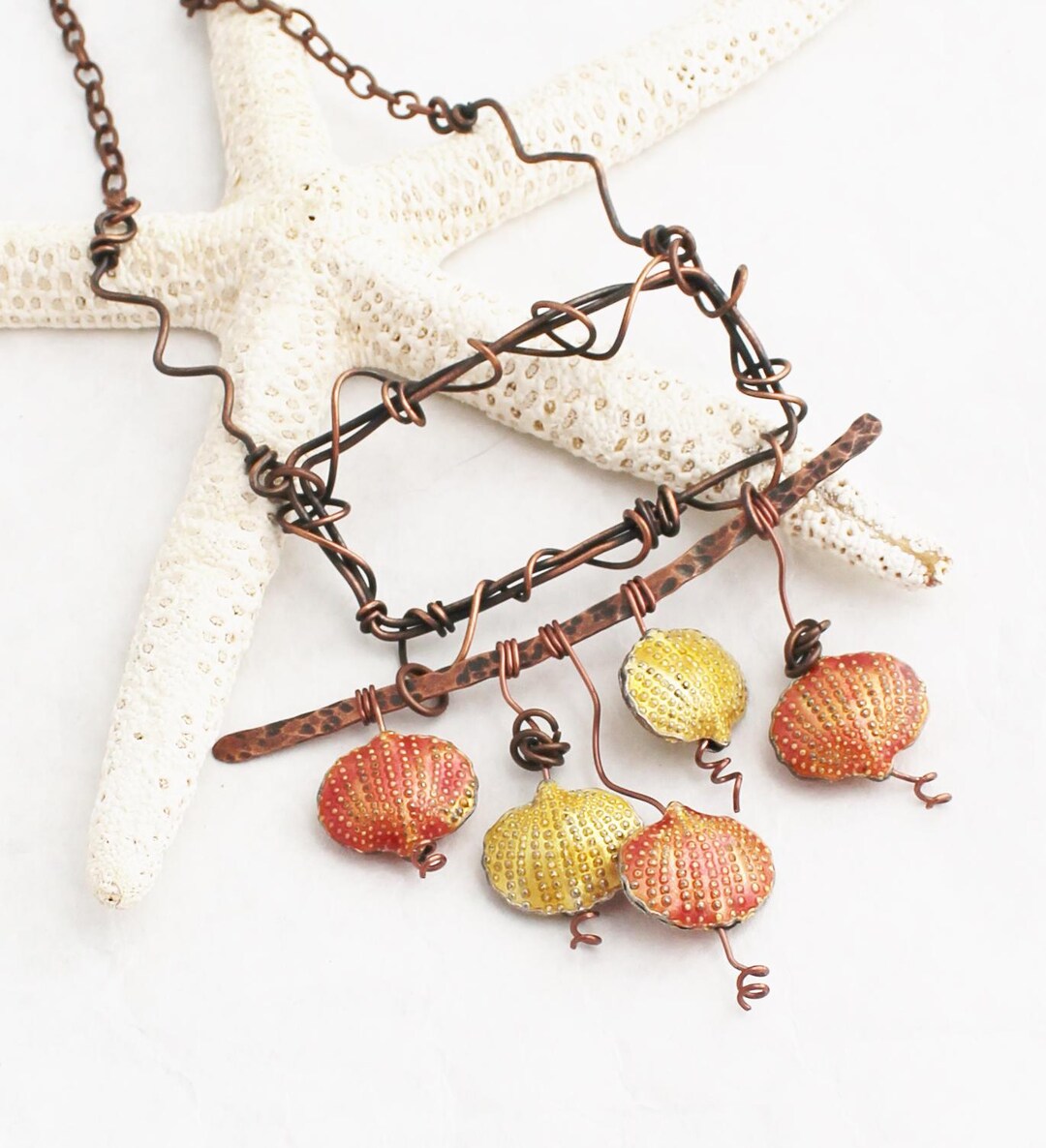 Hammered Copper Seashell Necklace Rustic Artisan Wire Wrapped Beach ...