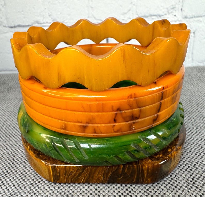 Vintage Chunky Bakelite Bangles, Geometric Flat Top, Zig Zag ...