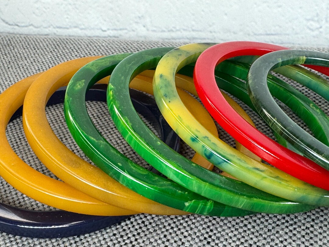 Vintage Bakelite Spacer Bangles, Translucent Green, Olive, Cherry Red ...