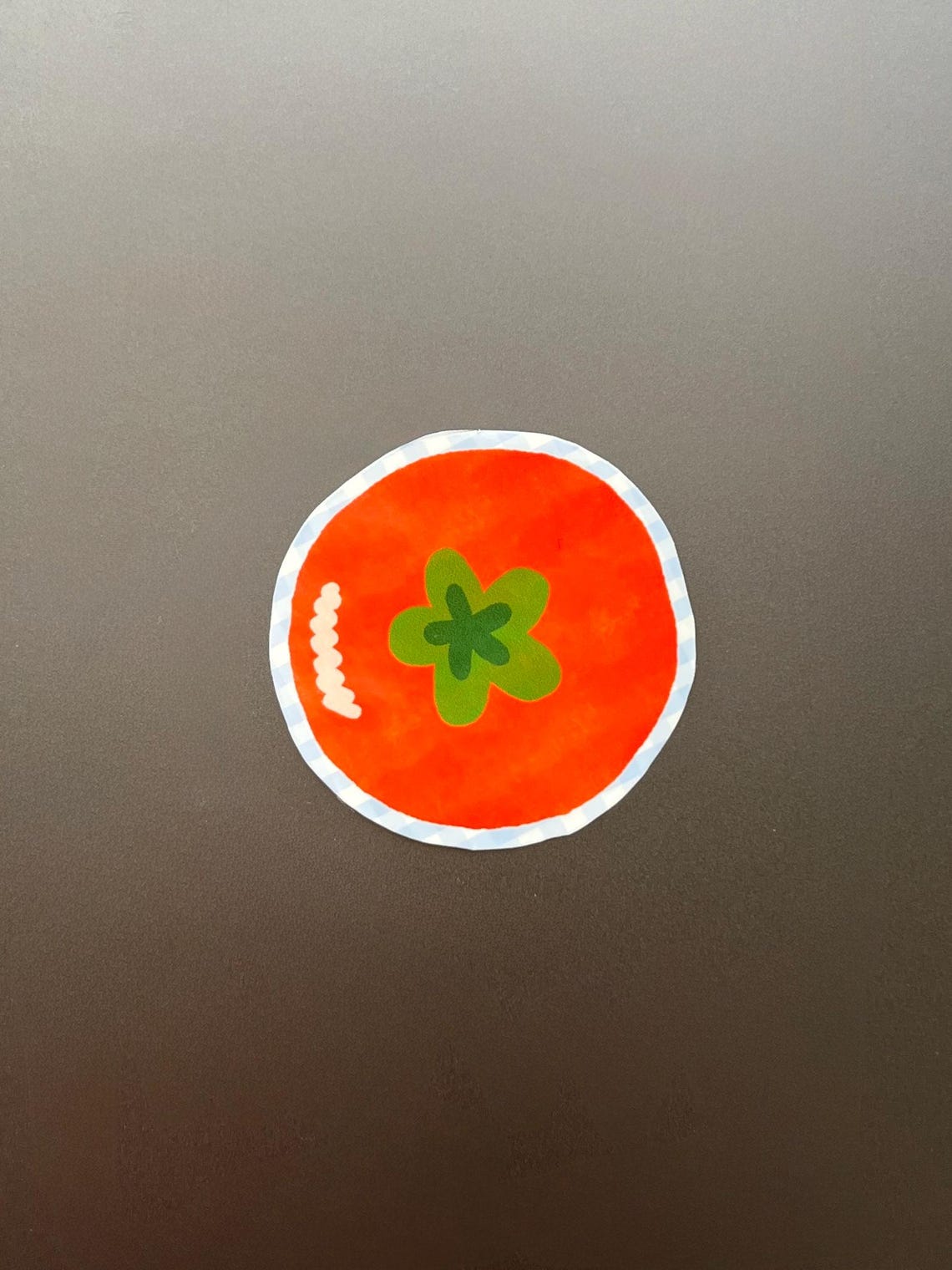 Tomato Sticker – Large Red Tomato With Green Stem on Blue Gingham ...