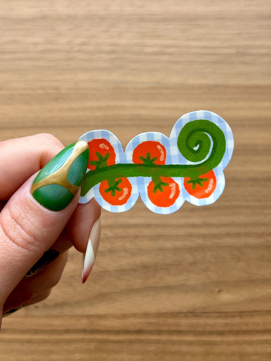 Tomato Sticker – Hand-drawn Tomatoes on the Vine, Blue Gingham ...