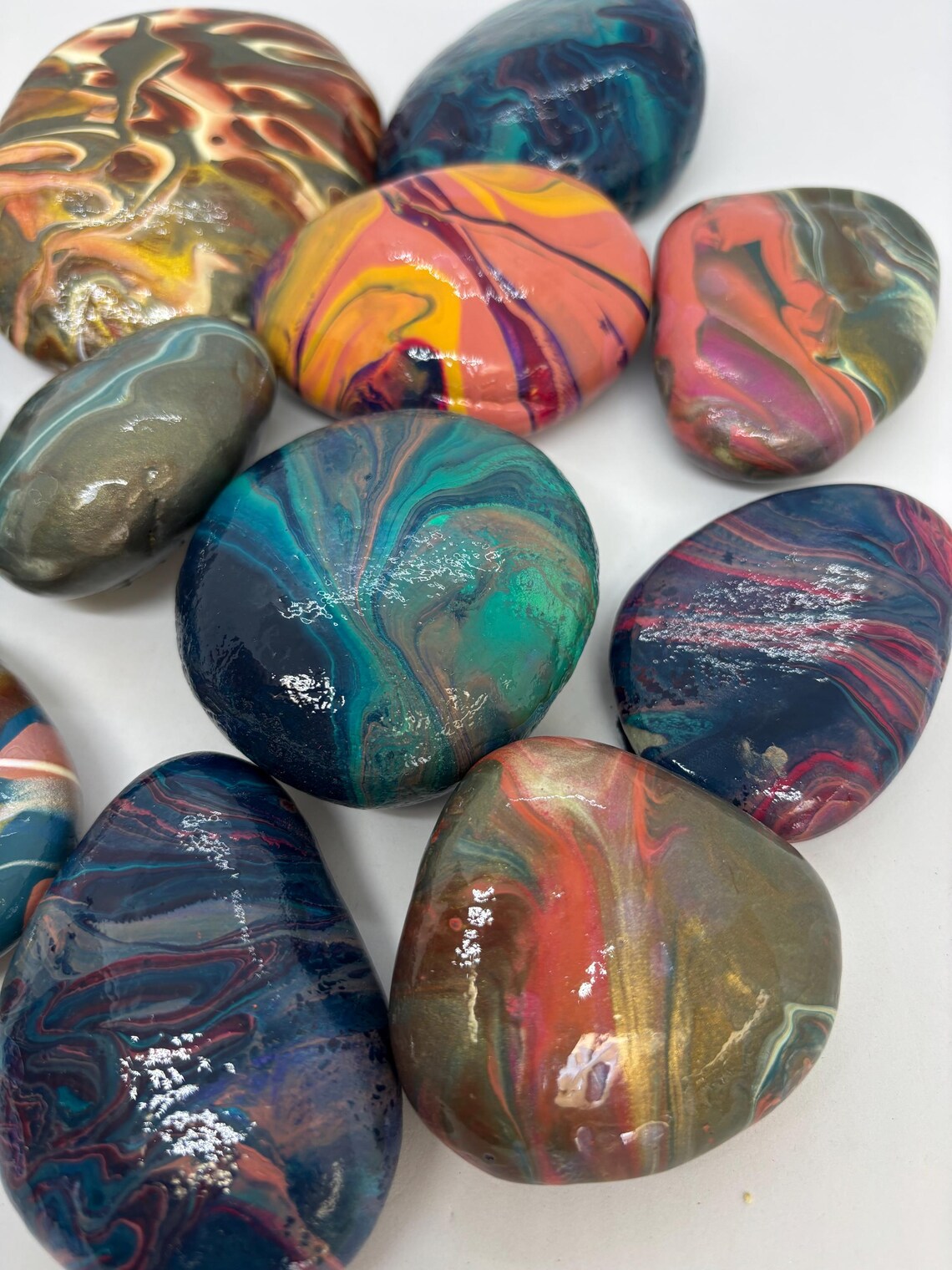 Hand Painted River Rocks, Acrylic Pour Art Palm Stones, Abstract Pocket ...