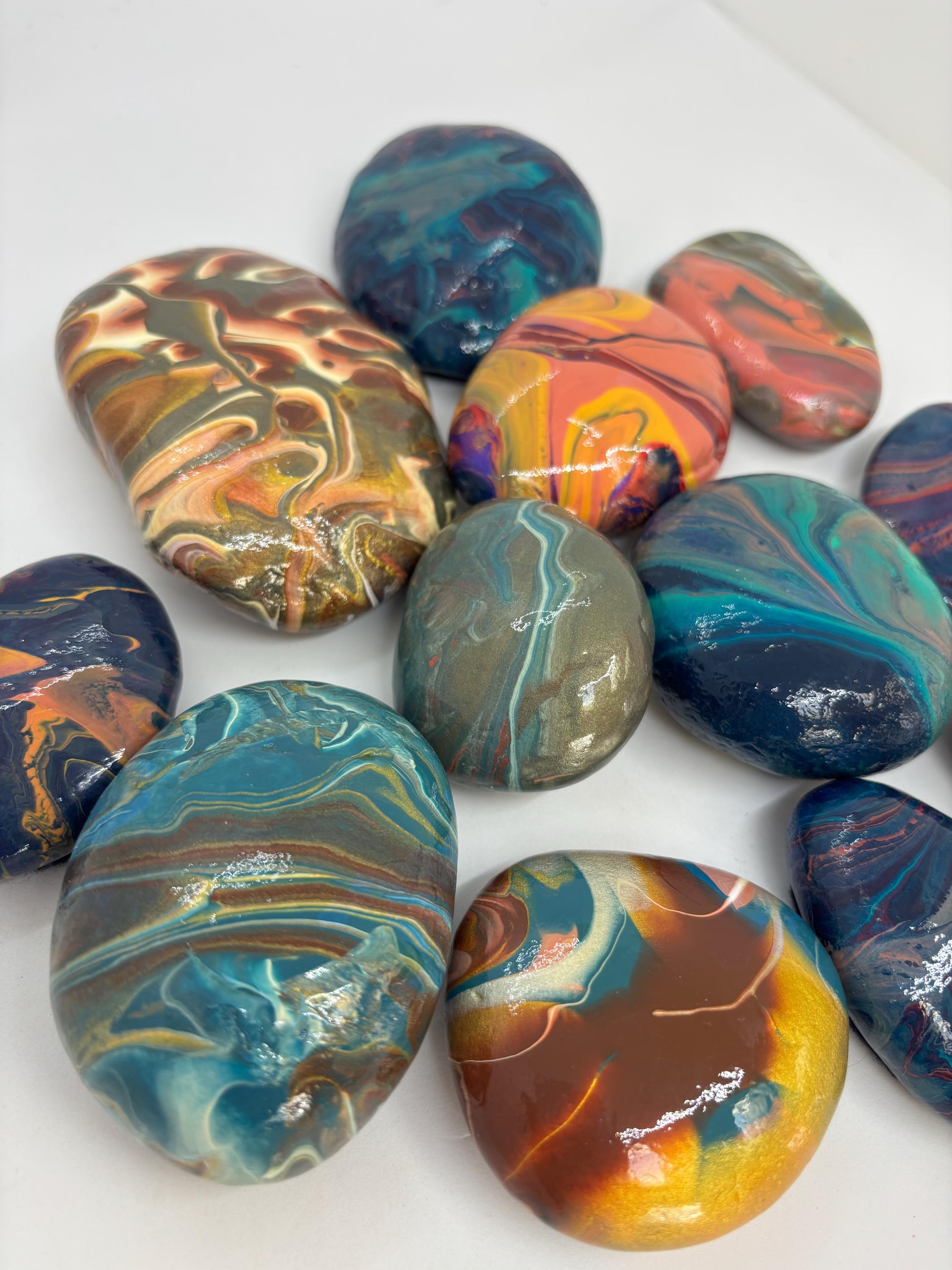 Hand Painted River Rocks, Acrylic Pour Art Palm Stones, Abstract Pocket ...