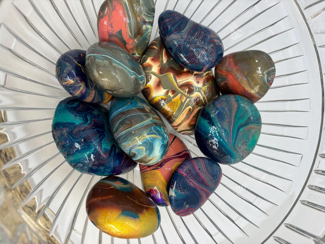 Hand Painted River Rocks, Acrylic Pour Art Palm Stones, Abstract Pocket ...