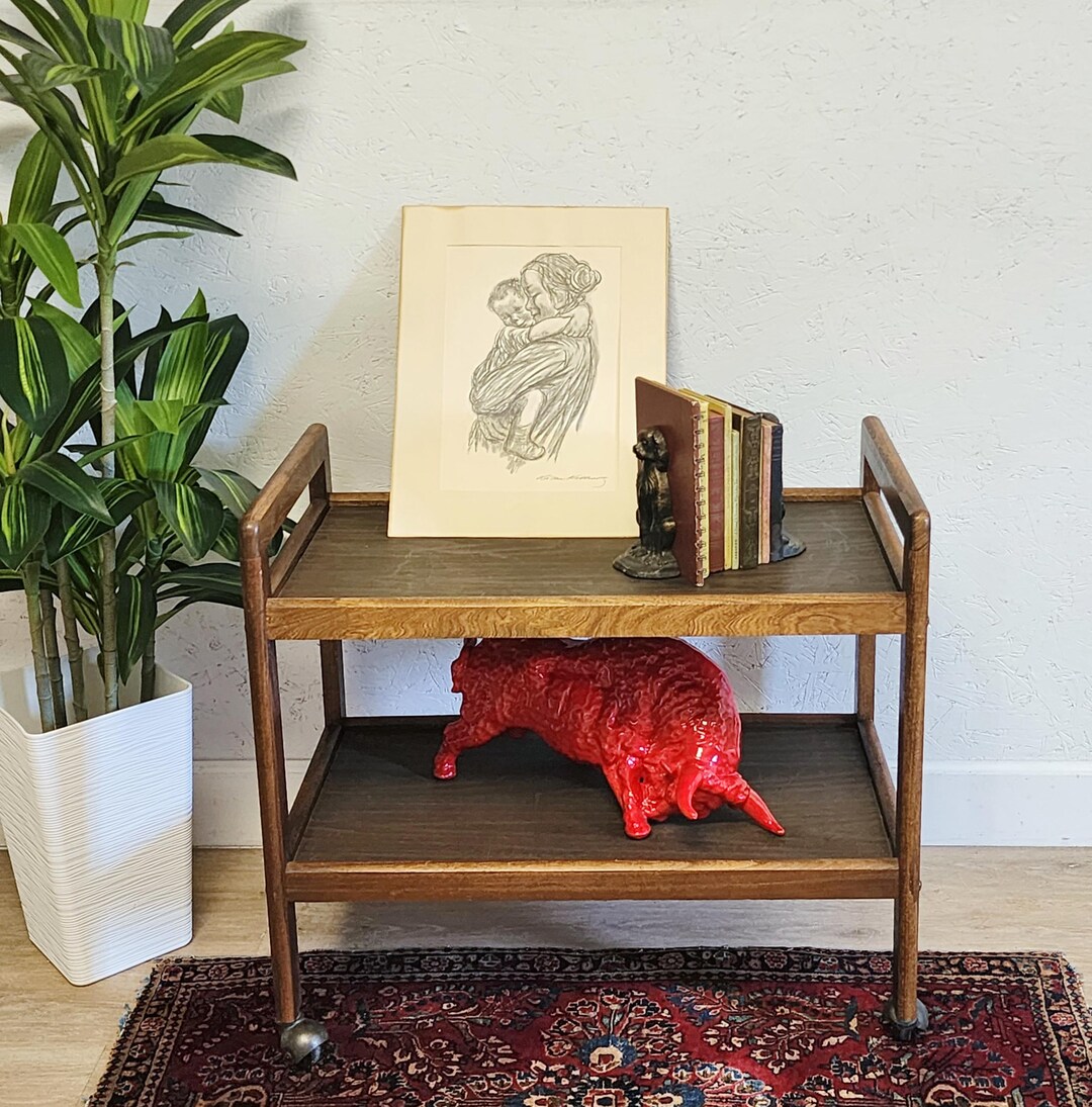 MCM 2 Tier Wood Trolley Bar Cart, Danish Style Vintage Rolling Server ...