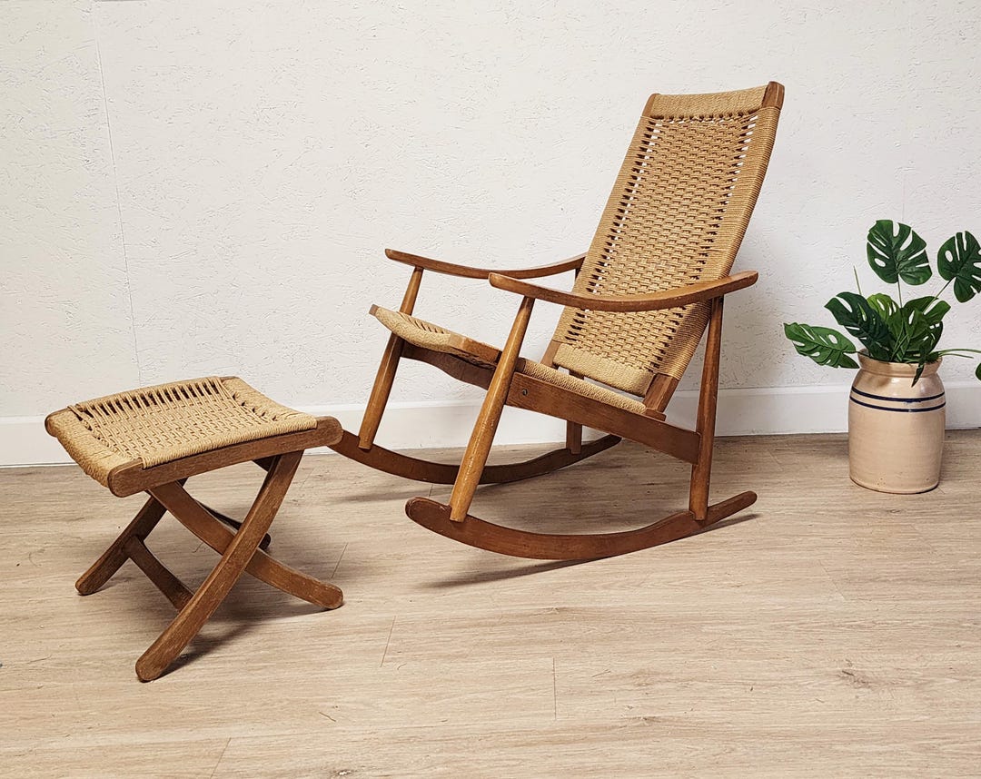 Wegner Style Rope Rocking Chair, Woven Rocker W/ Folding Footrest ...