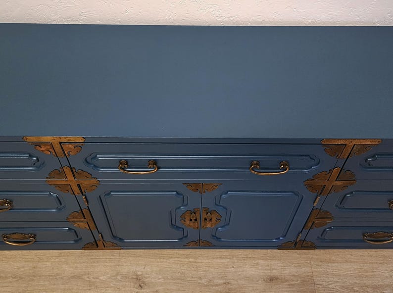 Vintage BLUE Bernhardt Chinoiserie 9 Drawer Campaign Buffet Dresser ...