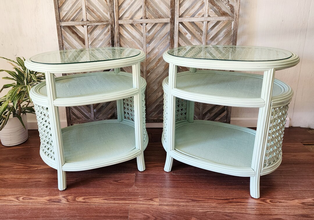 PAIR Oval Rattan Woven End Tables-large Mint Green Coastal Nightstands ...