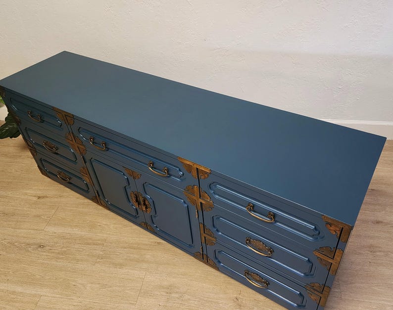 Vintage BLUE Bernhardt Chinoiserie 9 Drawer Campaign Buffet Dresser ...