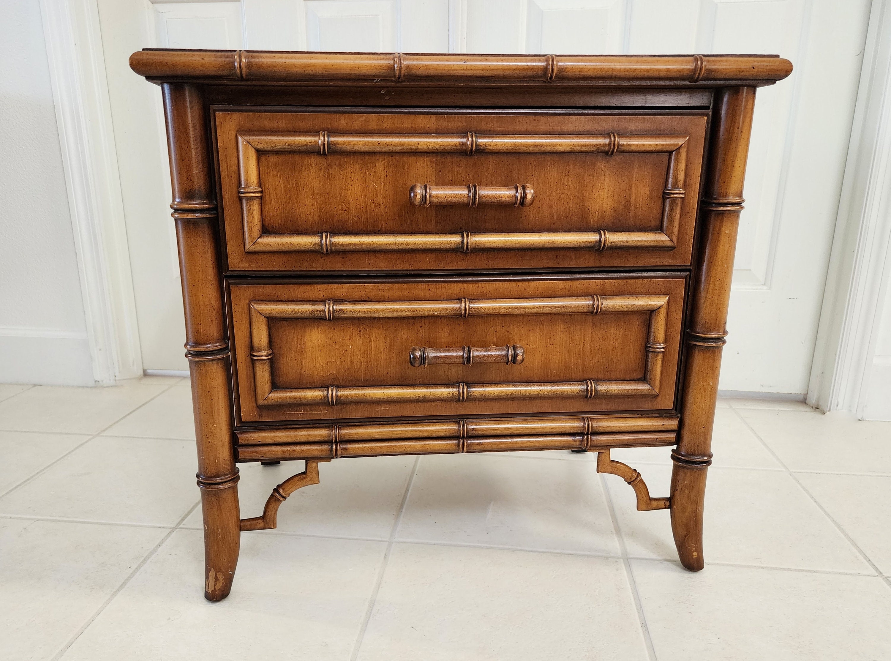 PAIR Dixie aloha Faux BAMBOO Nightstands-fretwork Hollywood Regency MCM ...