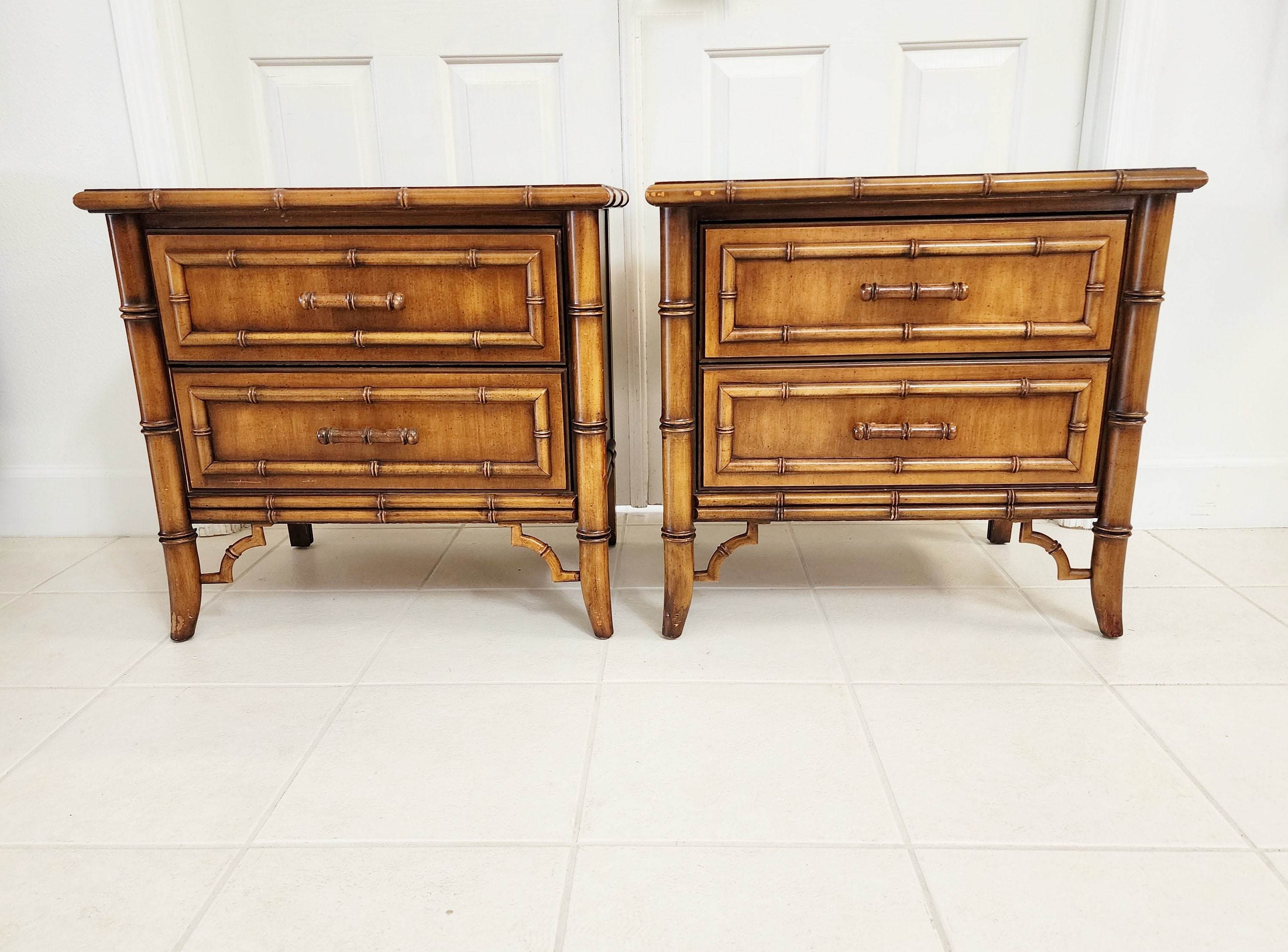 PAIR Dixie aloha Faux BAMBOO Nightstands-fretwork Hollywood Regency MCM ...