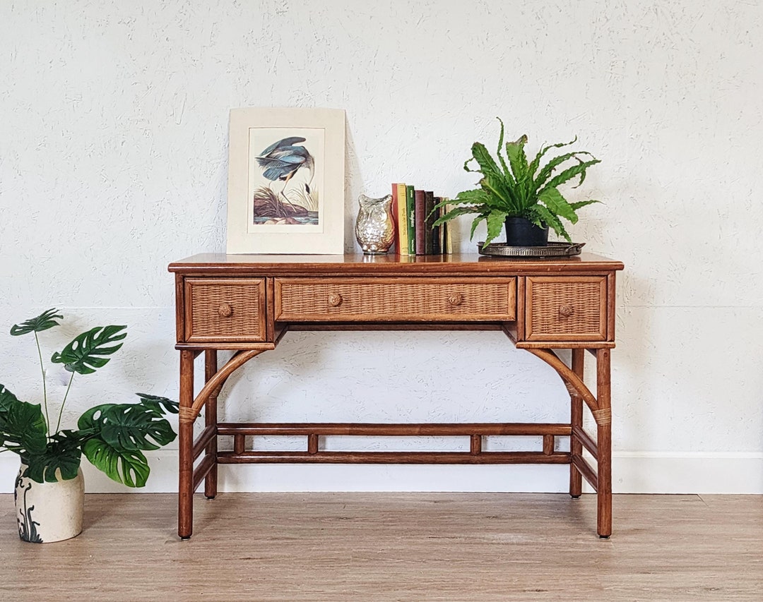 Vintage Rattan Wood Wicker Writing Desk-wrapped Floatable Desk-coastal ...