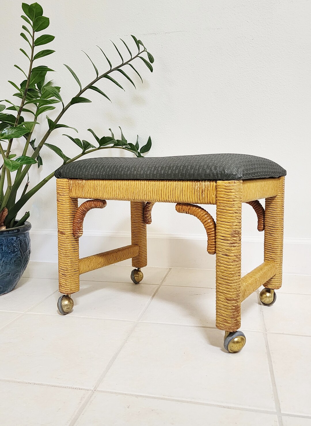 HENRY LINK Wrapped Wicker Vanity Bench-new Black Seat-vintage Boho ...