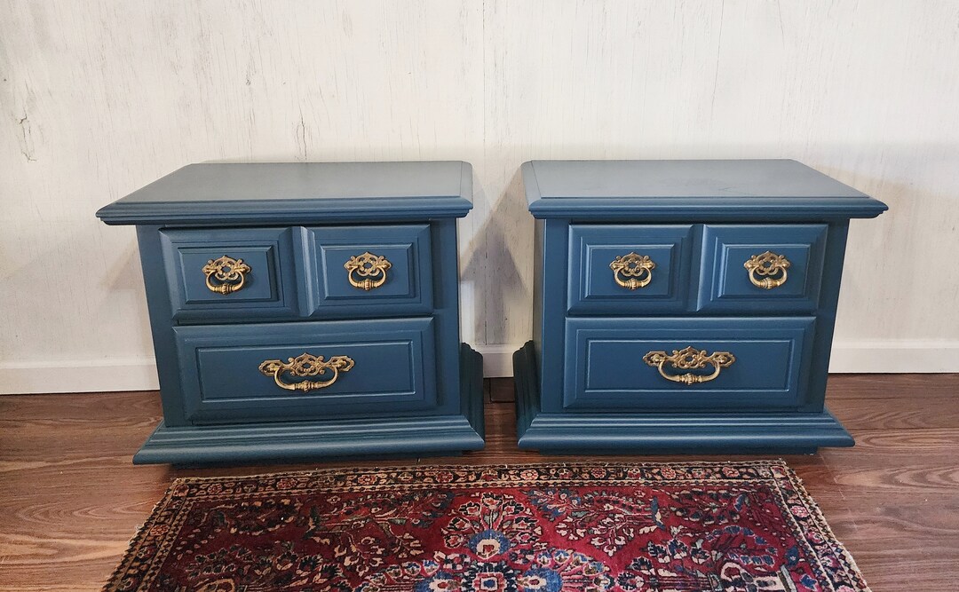 PAIR Deep Blue Vintage Nightstands-broyhill Wood 2 Drawer Dark Painted ...