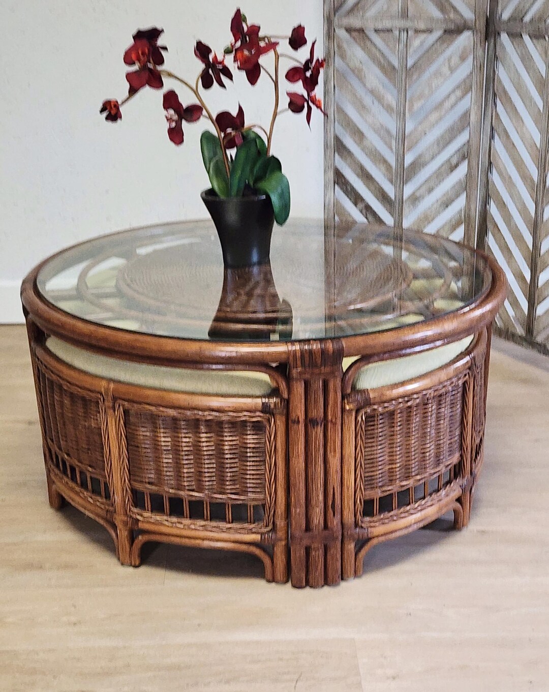 Vintage Rattan Wicker Round Coffee Table With Stools-boho Coastal ...