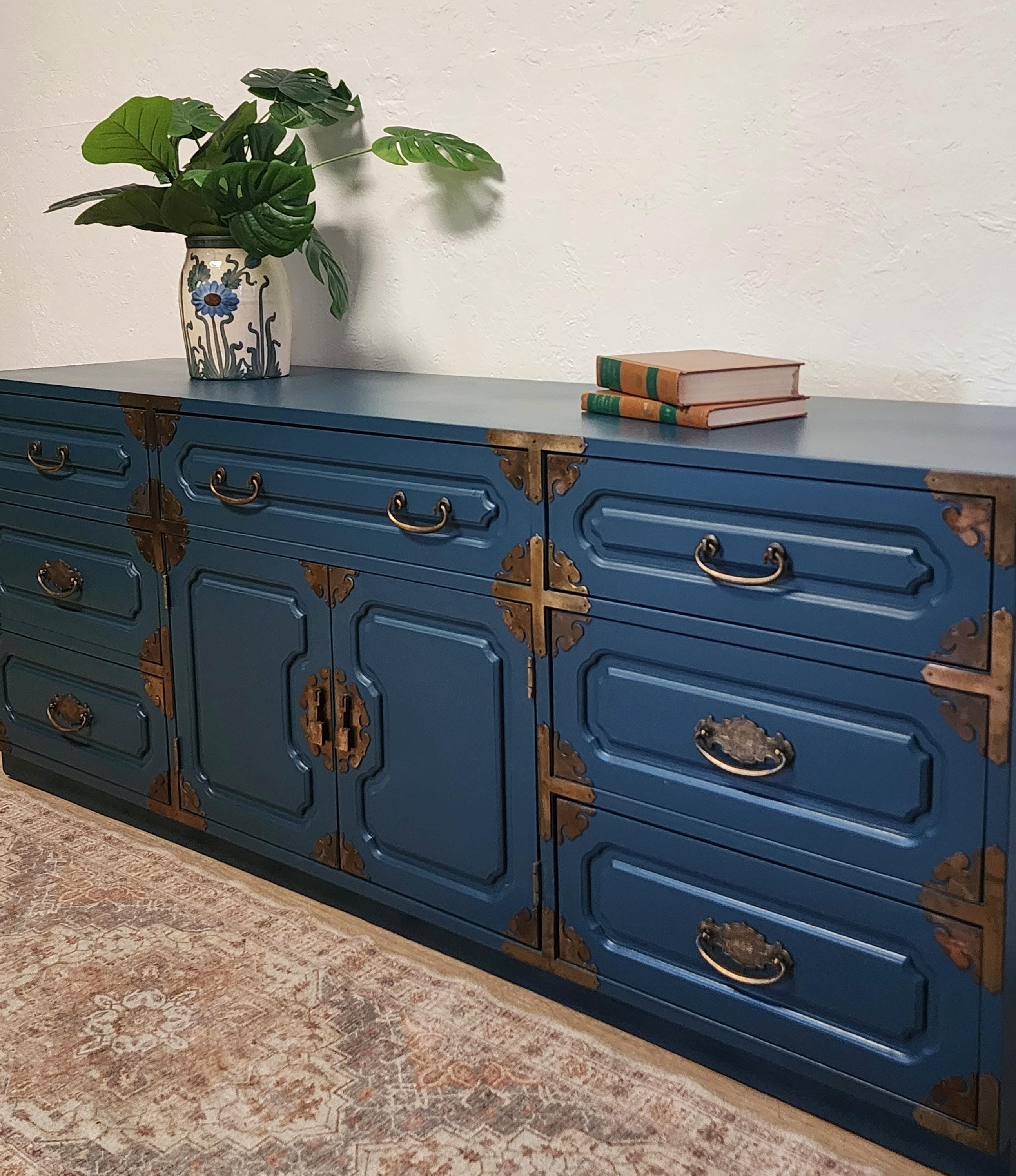 Vintage BLUE Bernhardt Chinoiserie 9 Drawer Campaign Buffet Dresser ...