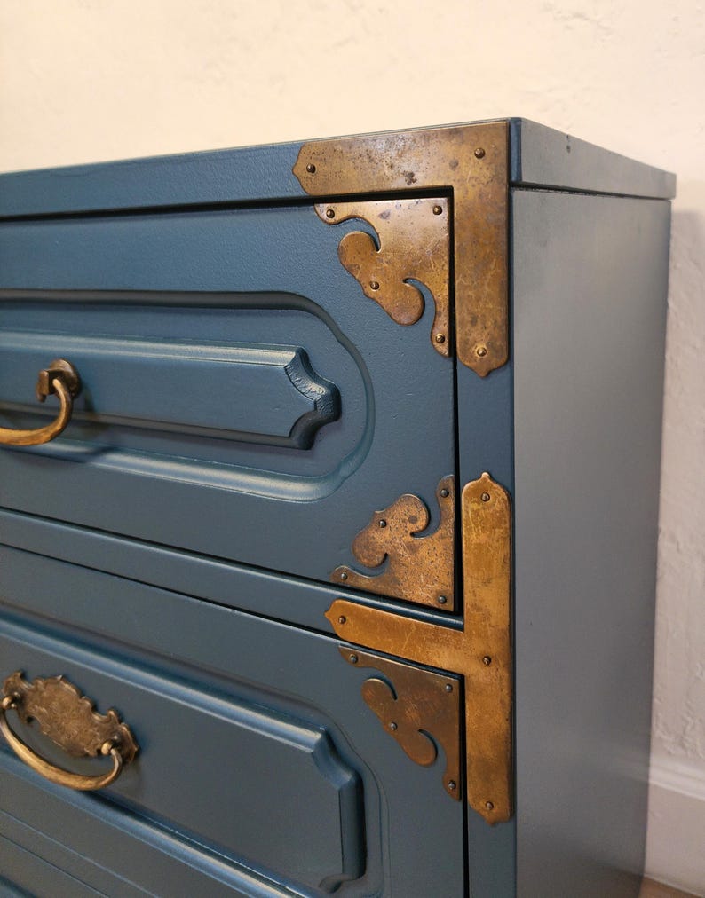 Vintage BLUE Bernhardt Chinoiserie 9 Drawer Campaign Buffet Dresser ...