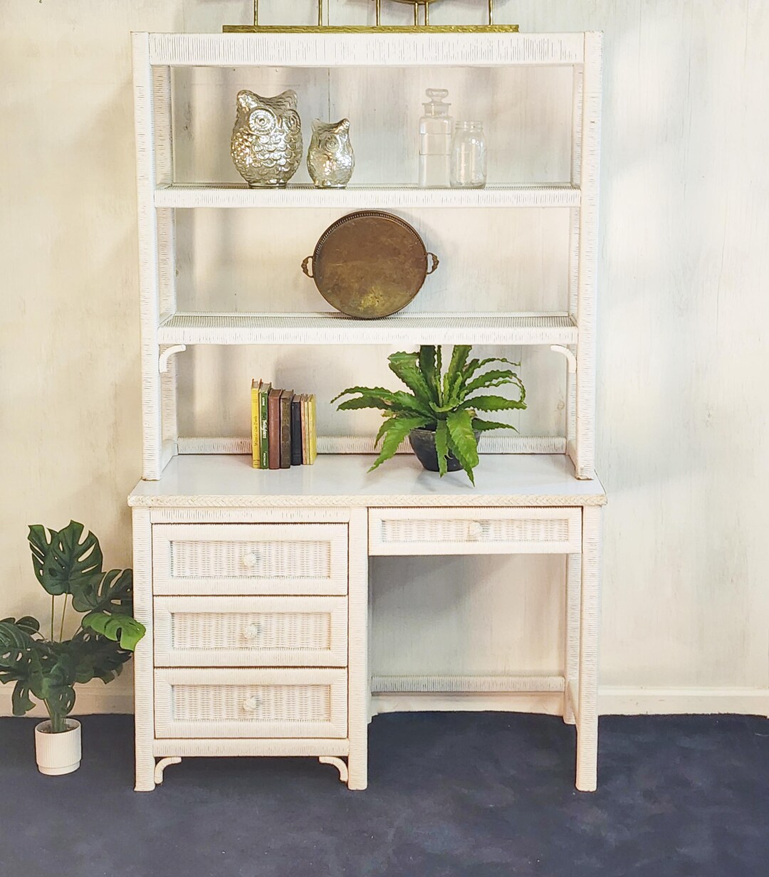 Lexington White Wicker Desk & Hutch-coastal Wrapped Braided Desk W ...