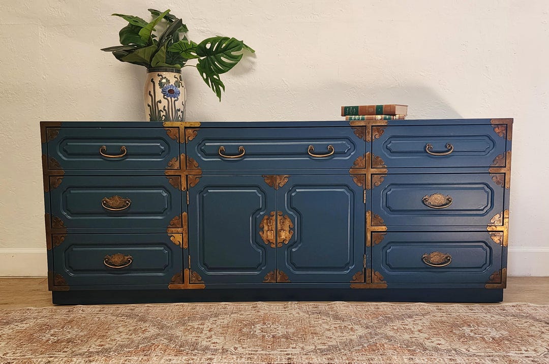 Vintage BLUE Bernhardt Chinoiserie 9 Drawer Campaign Buffet Dresser ...