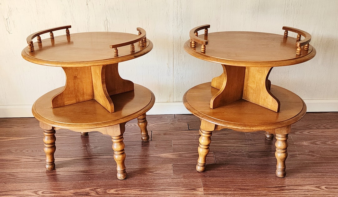 PAIR Colonial Vintage Round End Tables-cottage Wood 2 Tier Galleried ...