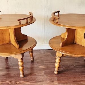 PAIR Colonial Vintage Round End Tables-cottage Wood 2 Tier Galleried ...