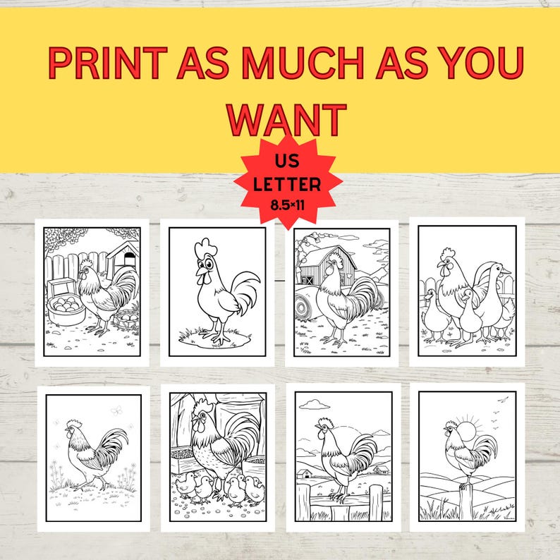 Rooster Coloring Page for Kids, Printable Farm Rooster Sheets, Fun Farm ...