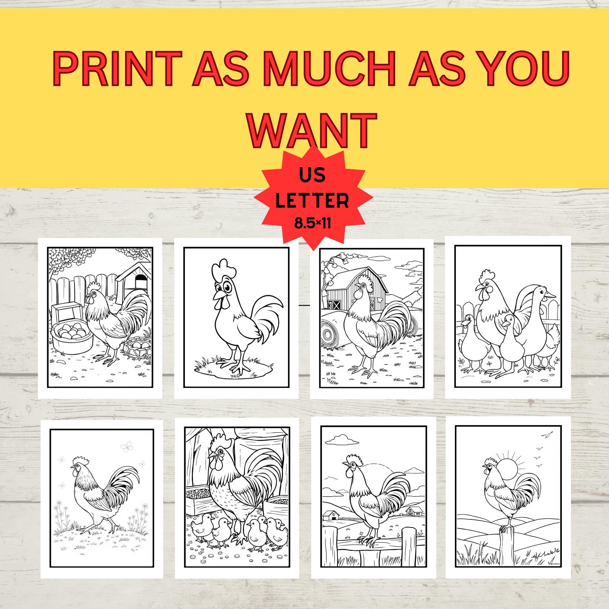 Rooster Coloring Page for Kids, Printable Farm Rooster Sheets, Fun Farm ...
