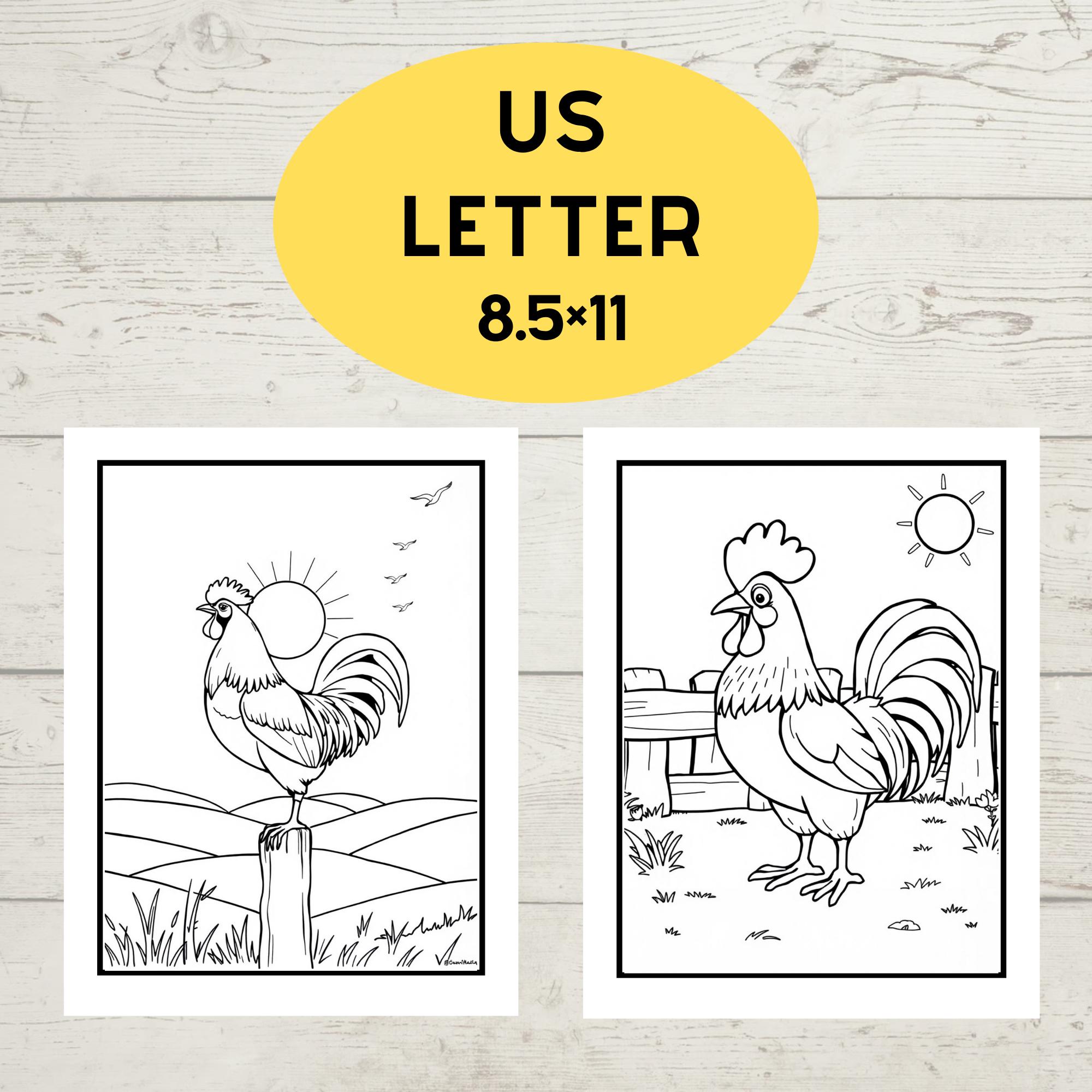 Rooster Coloring Page for Kids, Printable Farm Rooster Sheets, Fun Farm ...