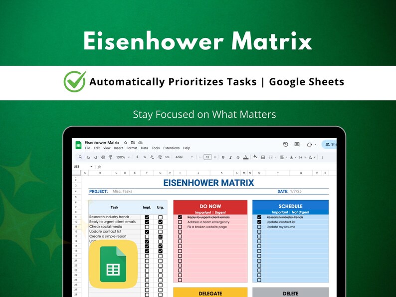 Eisenhower Matrix Template for Google Sheets, Digital Productivity Tool ...
