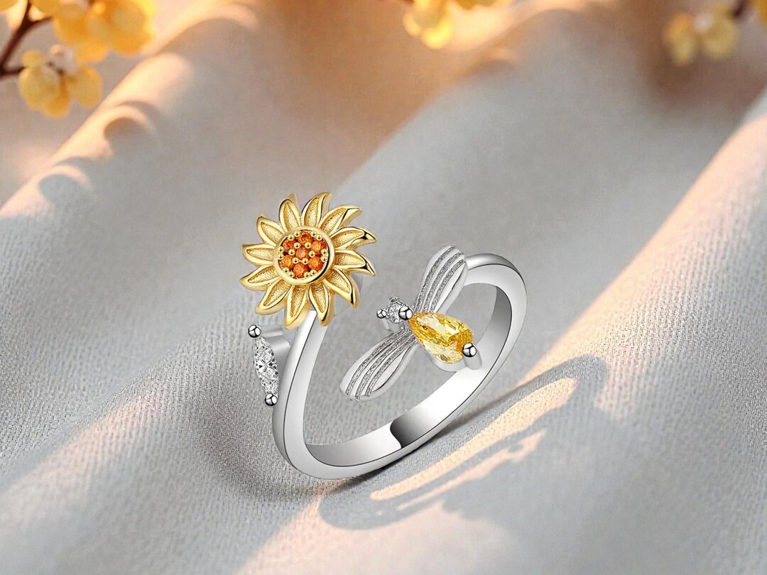 925 Sterling Silver Sunflower Ring, Adjustable Floral Statement Ring ...