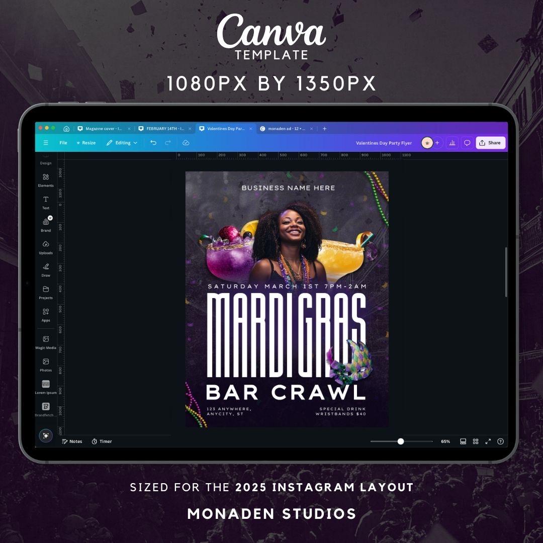 Mardi Gras Bar Crawl Flyer Template | Editable Canva Invitation ...