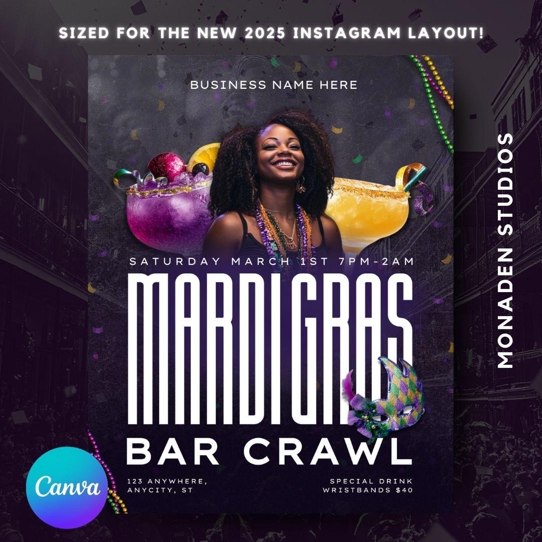 Mardi Gras Bar Crawl Flyer Template | Editable Canva Invitation ...