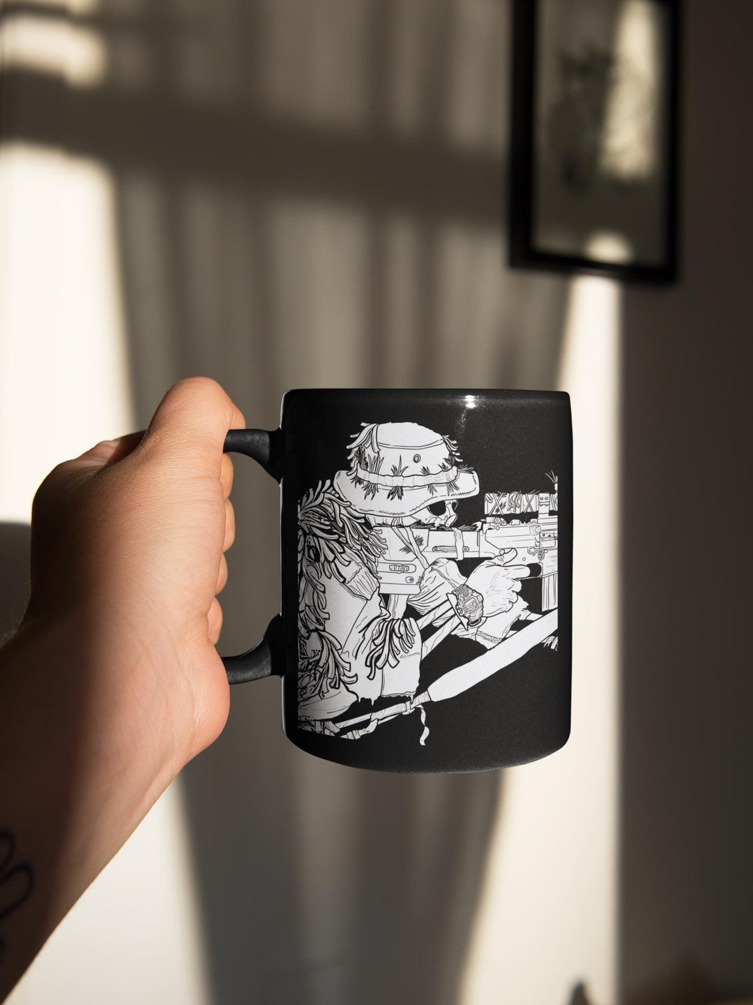 Sniper Design Mug - Tactical Shooter Artwork, 15oz Black Ceramic Coffee ...