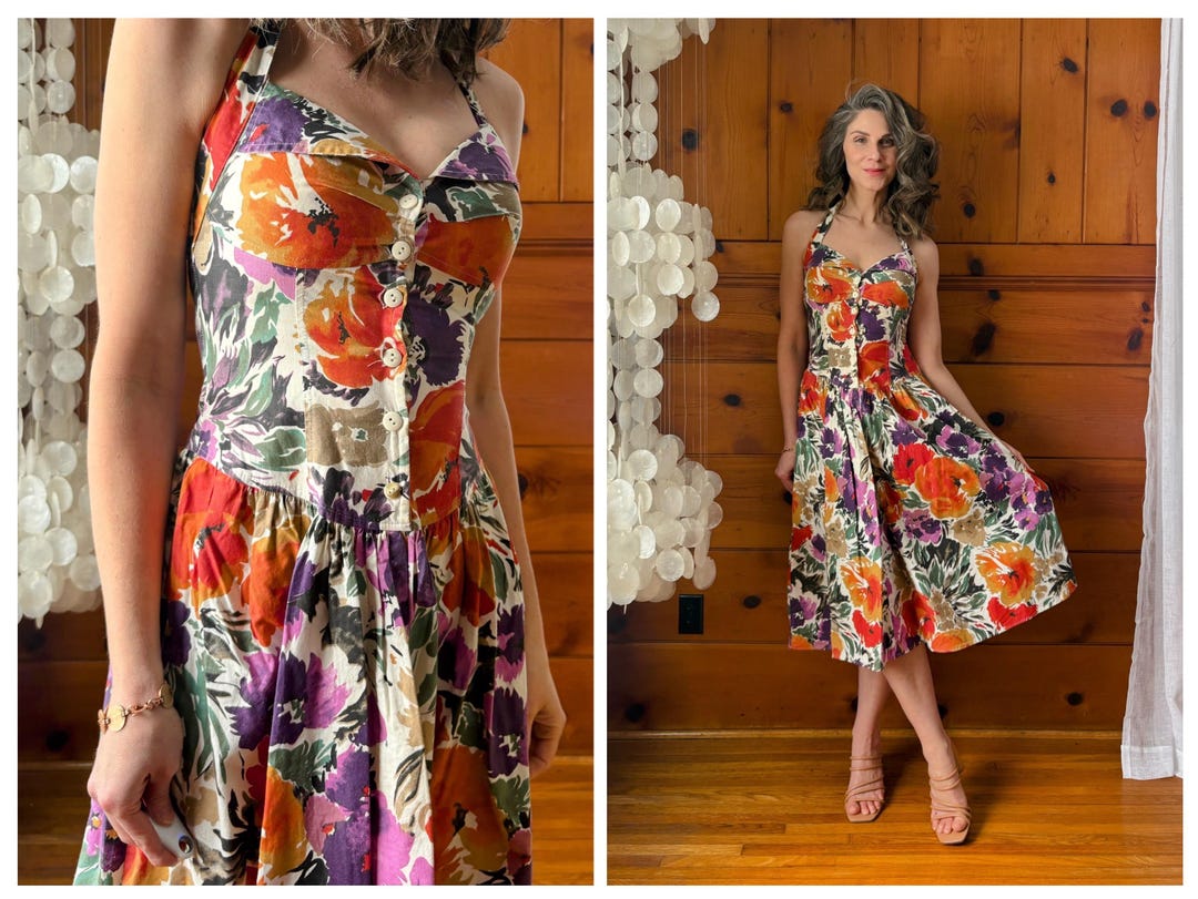 1980s Floral Dress / 80s Sundress / 1980s Bustier Top Full Skirt Sun ...