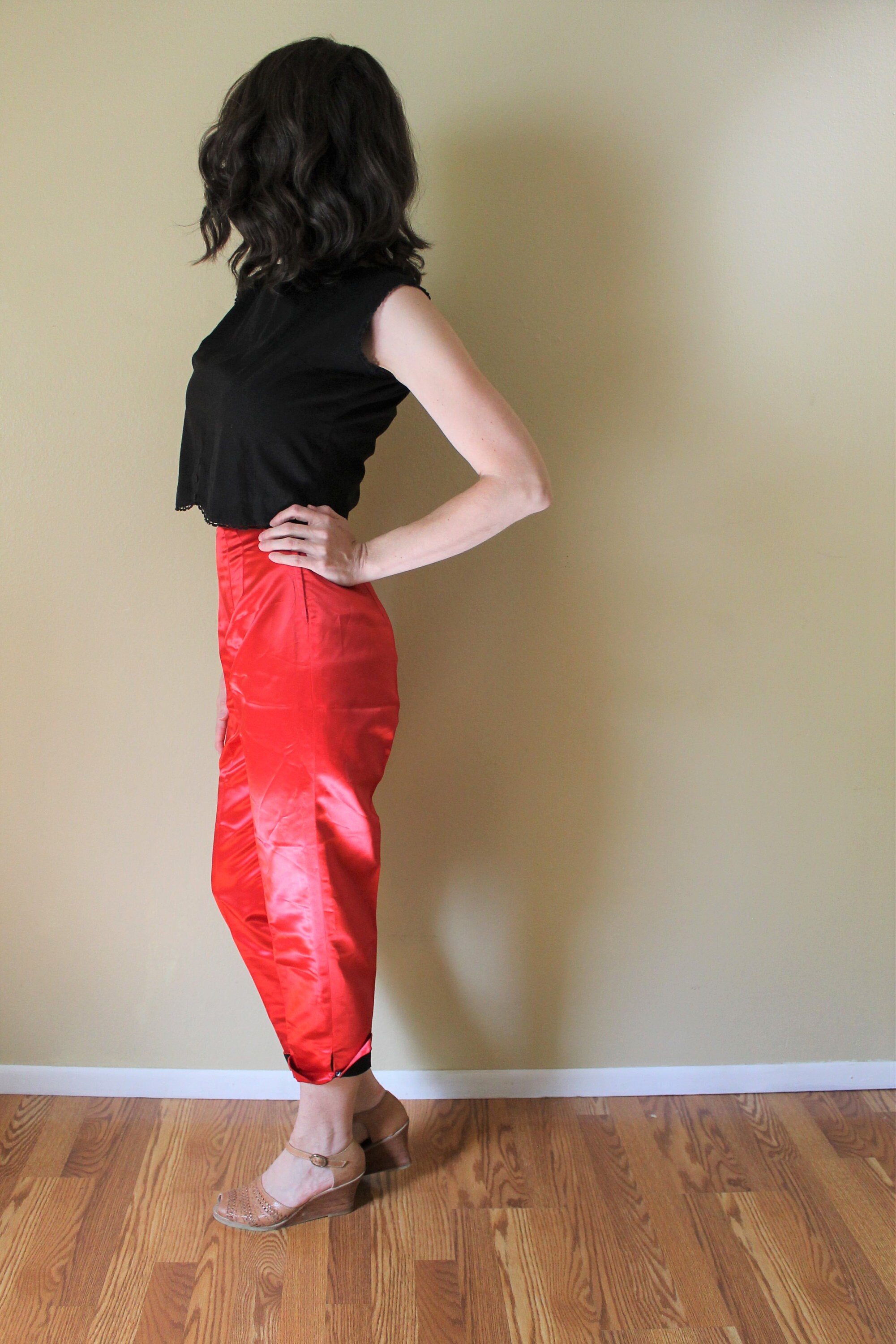 1950s Satin Capri Pants / 1950s Hollywood High Waist Red Satin 50s ...