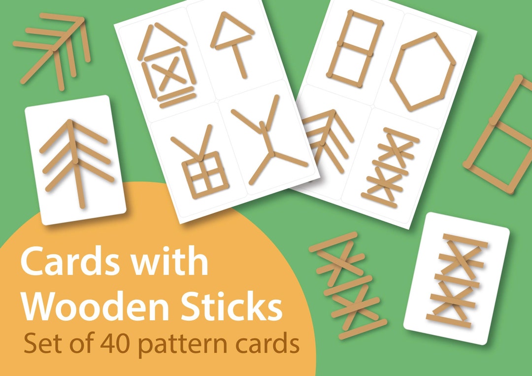 Wooden Sticks Patterns Game, 40 Cards With Patterns, Montesori Puzzle ...