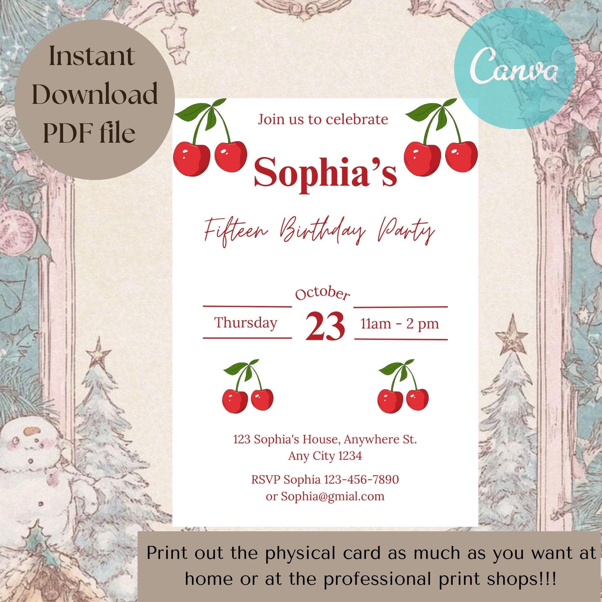 Cherry-themed Birthday Invitation Template, Editable and Printable ...