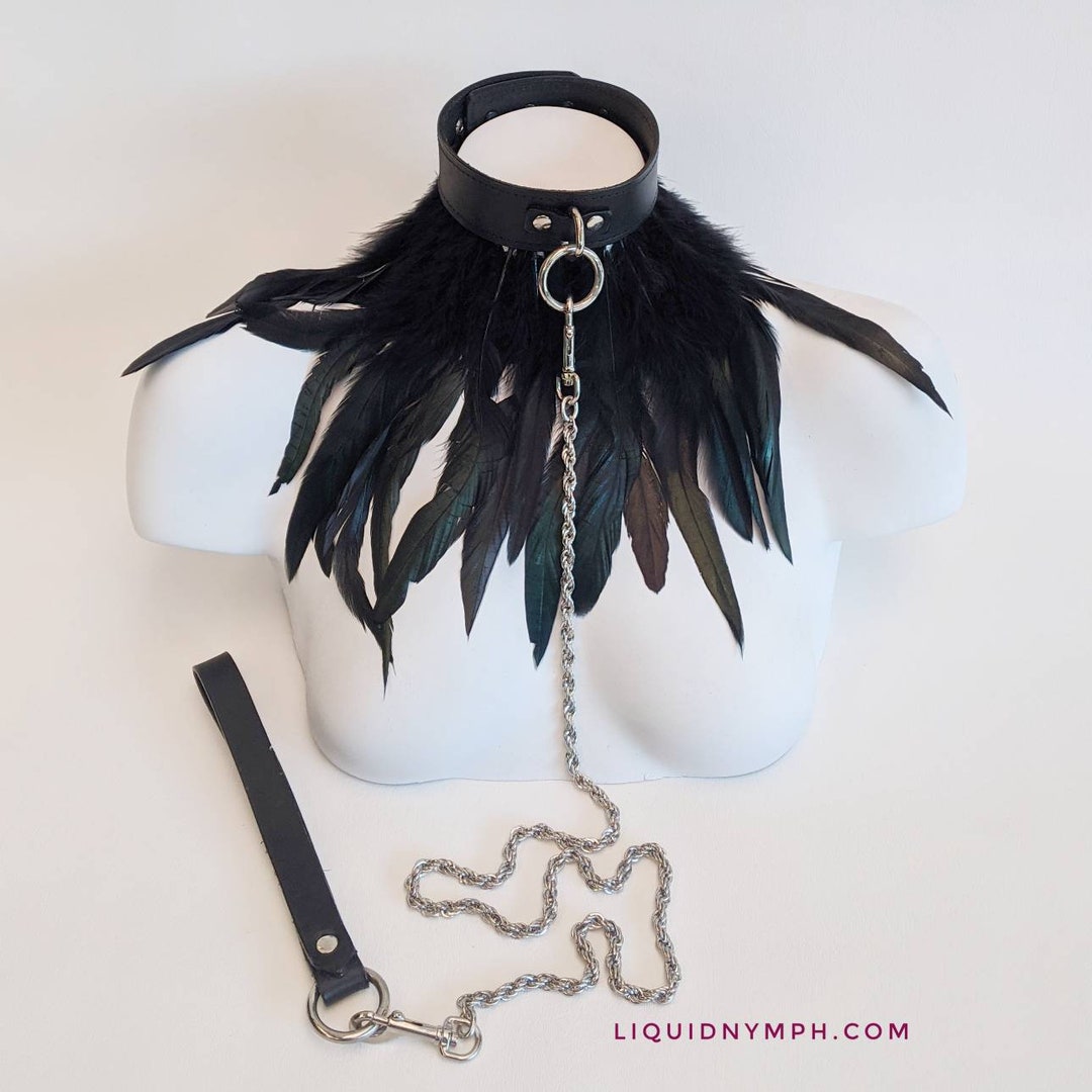 BDSM Black Leather Feather Bondage Collar Leash Cuff DDLG Restraint ...