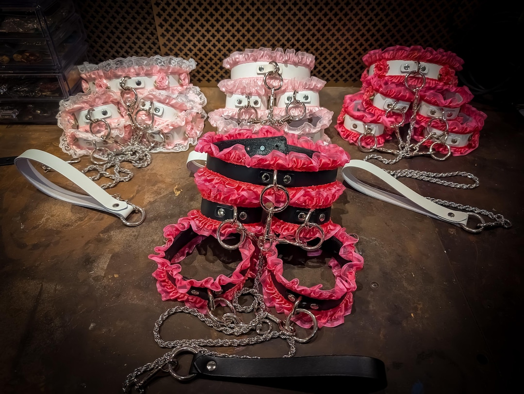 Sissy Maid Leather Collar Set: Pink Ruffle Cuffs, Leash & Blindfold - Etsy