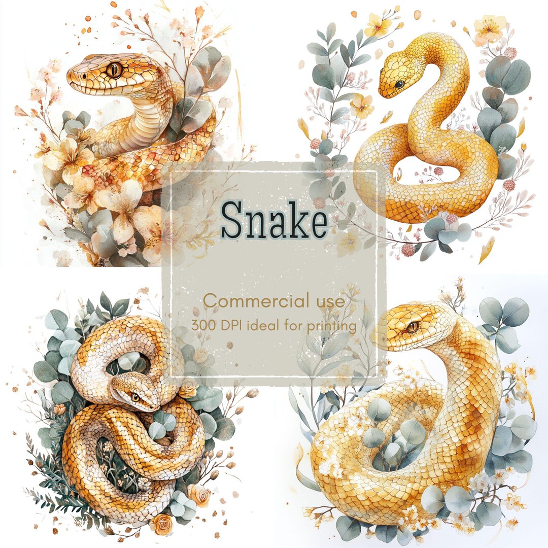 Golden Snake Watercolor Clipart: Floral Reptile Art (JPG & PNG Digital ...